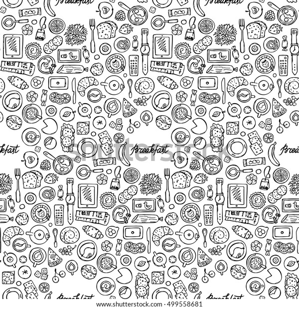 Hand Drawn Doodle Breakfast Seamless Pattern Stock Vector (Royalty Free ...