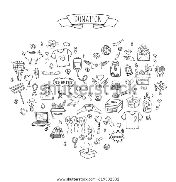Hand Drawn Doodle Donation Icons Set Stock-Vektorgrafik (Lizenzfrei ...