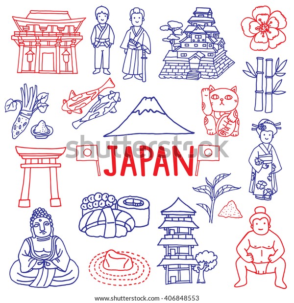 Hand Drawn Doodle Japan Set Vector 스톡 벡터(로열티 프리) 406848553