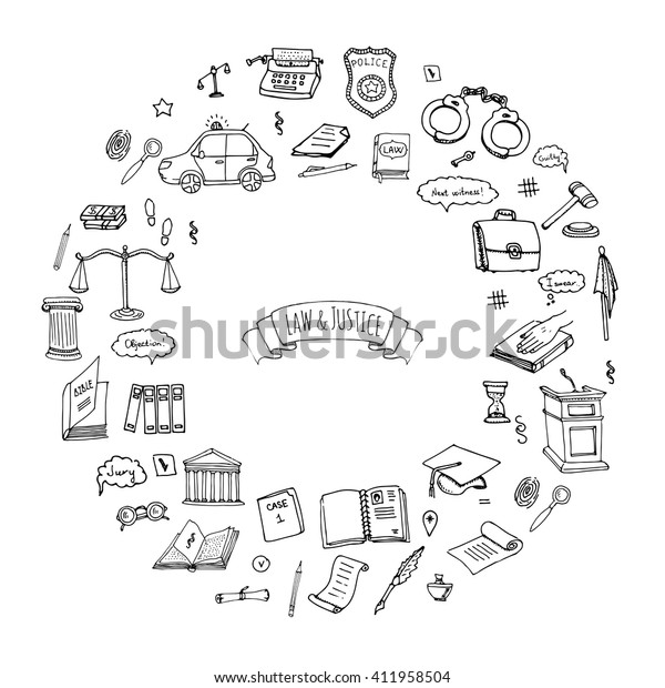 Hand Drawn Doodle Law Justice Icons Stock Vector (Royalty Free) 411958504