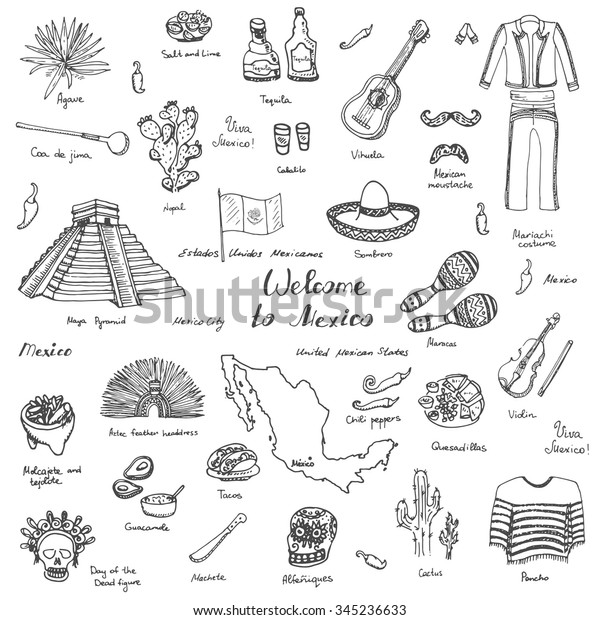 Hand Drawn Doodle Mexico Set Vector Stock Vector (Royalty Free ...