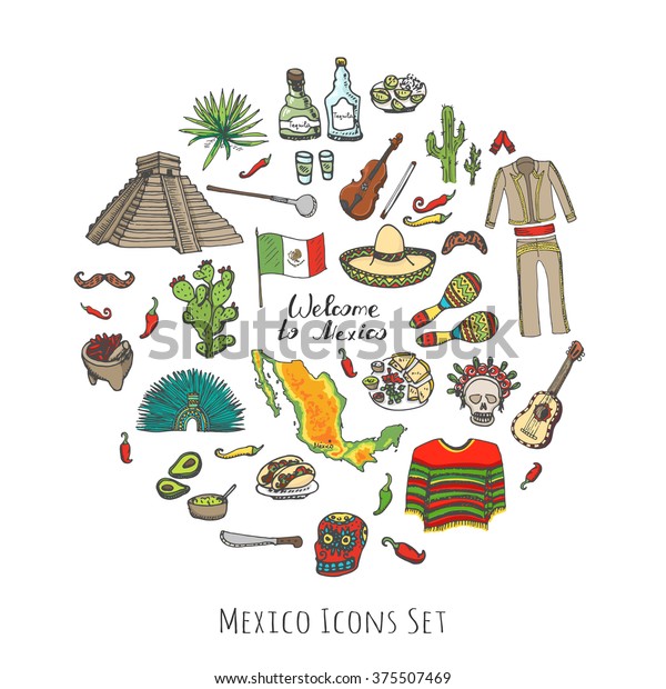 Hand Drawn Doodle Mexico Set Vector Stock Vector (Royalty Free) 375507469