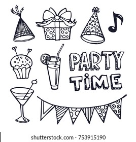Hand Drawn Doodle Party Time Set Stock Vector (Royalty Free) 753915190 ...