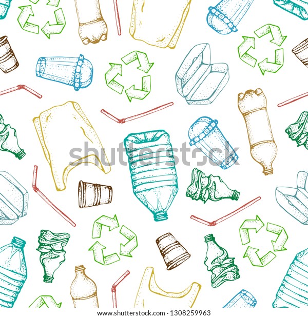 Hand drawn doodle plastic pollution seamless pattern. Vector ...