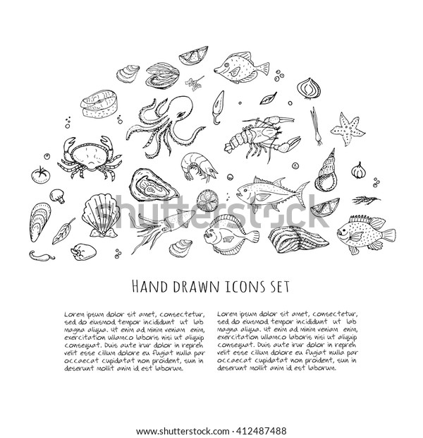 Hand Drawn Doodle Seafood Icons Set Stock Vector (Royalty Free ...