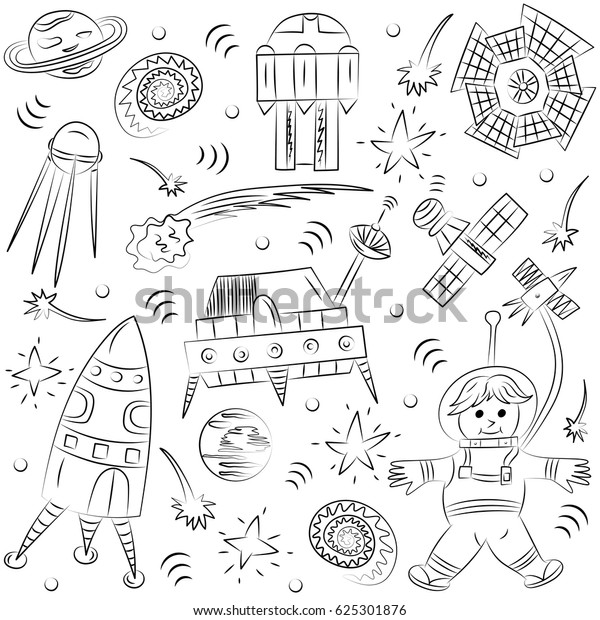 Hand Drawn Doodle Spaceman Spaceships Rockets Stock Vector (Royalty ...