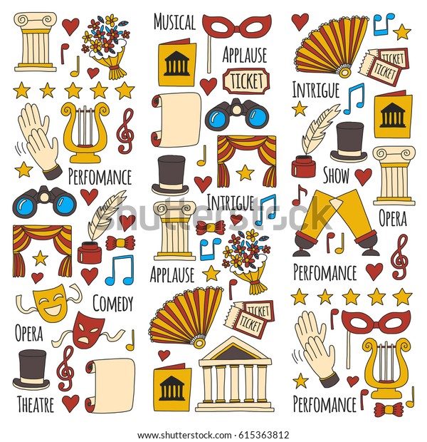 Hand drawn doodle Theatre set Vector illustration Sketchy theater icons ...