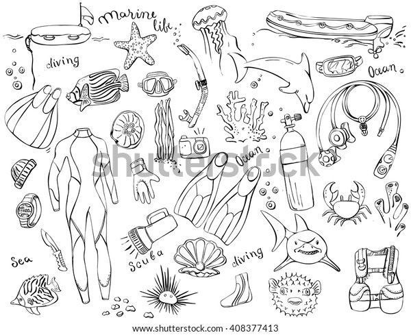 Hand Drawn Doodles Scuba Diving Equipment Stock Vector (Royalty Free ...