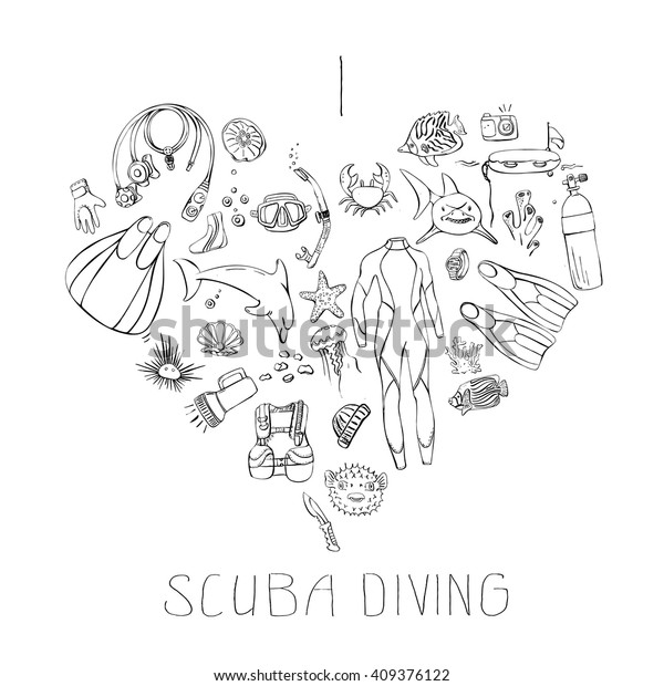 Hand Drawn Doodles Scuba Diving Equipment Stock Vector (Royalty Free ...