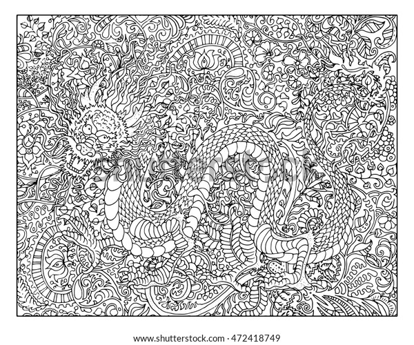 Hand drawn dragon against zen floral pattern background for adult ...