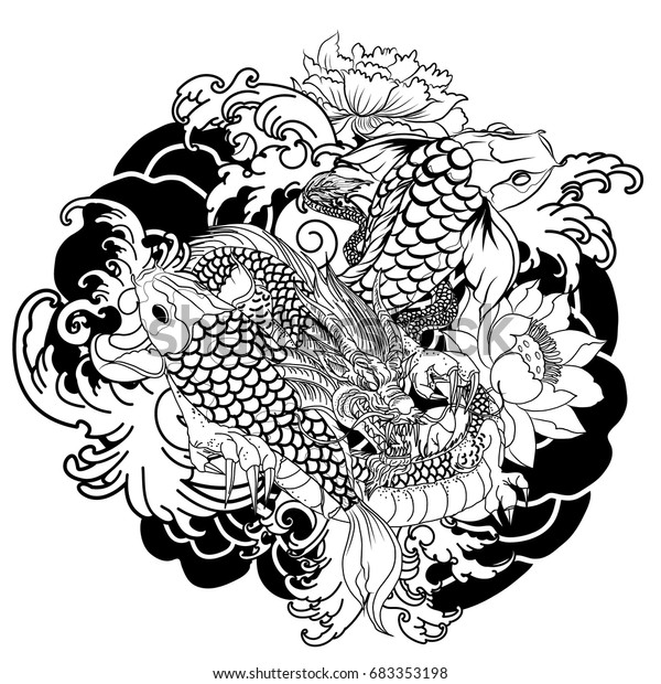 hand drawn Dragon and koi fish with flower tattoo for Arm,Japanese carp ...