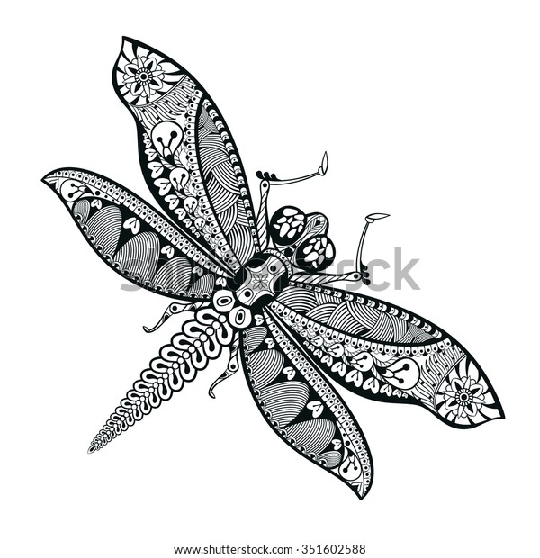 Hand Drawn Dragonfly Zentangle Style Patterned Stock Vector (Royalty ...