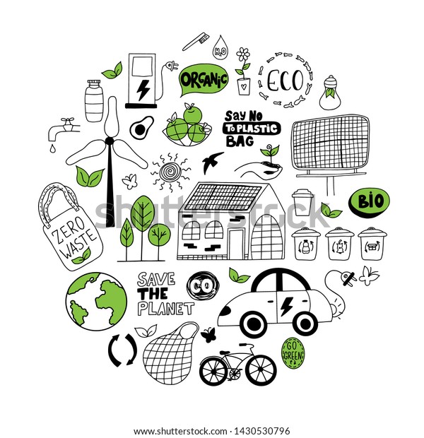 Hand Drawn Eco Doodles Set On Stock Vector (Royalty Free) 1430530796