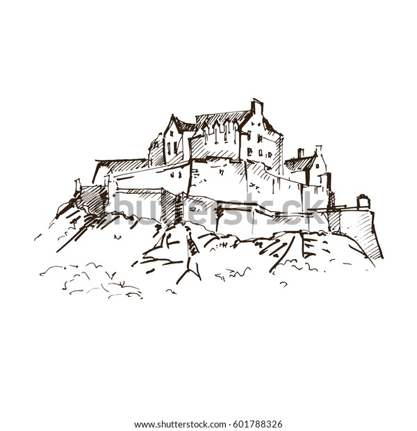 Mano dibuja el famoso Castillo viejo, el Castillo de Edimburgo ...