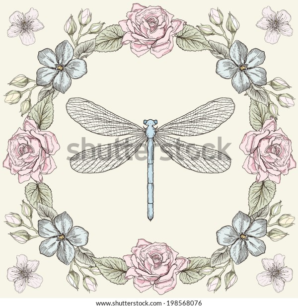 Hand Drawn Floral Frame Dragonfly Colorful Stock Vector (Royalty Free ...