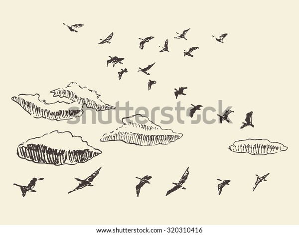 Hand drawn flying birds in the sky with clouds, vintage vector illustration