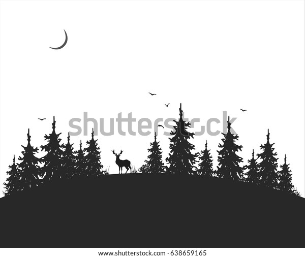 Hand Drawn Forest Landscape Moon Birds Stock Vector (Royalty Free ...