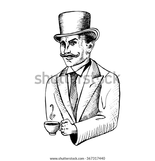 Hand Drawn Gentleman Cup Tea Hand Stock-vektor (royaltyfri) 367317440