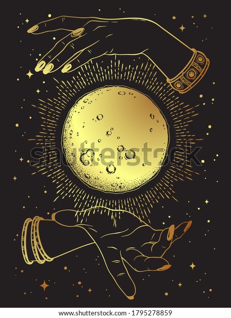 Hand Drawn Gold Full Moon Rays Stock Vector (Royalty Free) 1795278859 ...