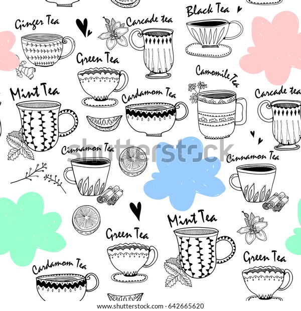 Hand drawn graphic tea cups and abstract clouds. Various sorts of tea ...