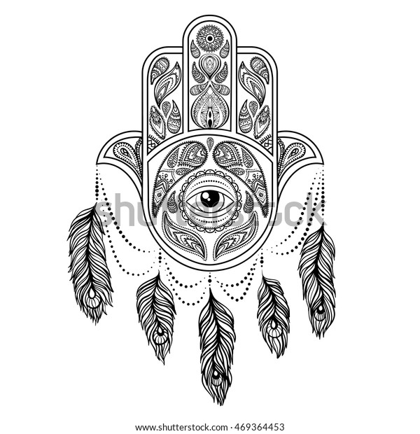 Hand drawn hamsa, peacock feather, vector