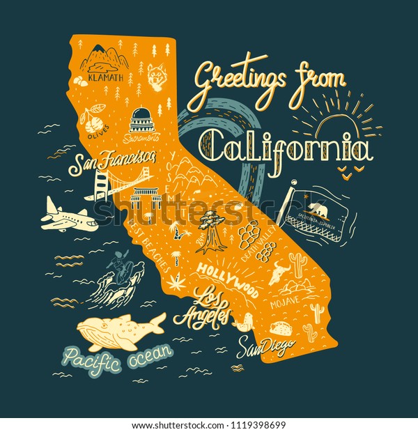 Hand drawn illustration of California map with tourist attractions ...