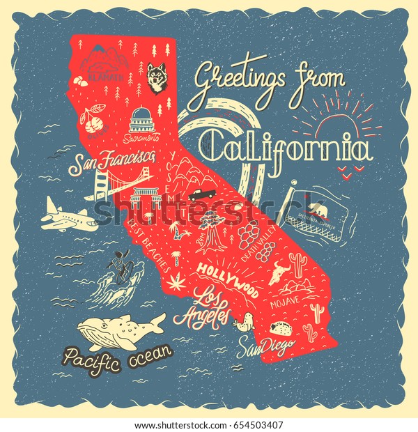 Hand Drawn Illustration California Map Tourist Stock Vector (Royalty ...