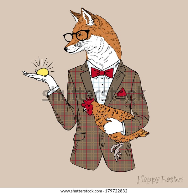 Hand Drawn Illustration Dressed Fox Chicken Stock Vector (Royalty Free ...