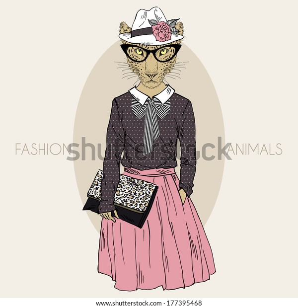 Hand drawn illustration of dressed leopard girl hipster in colors