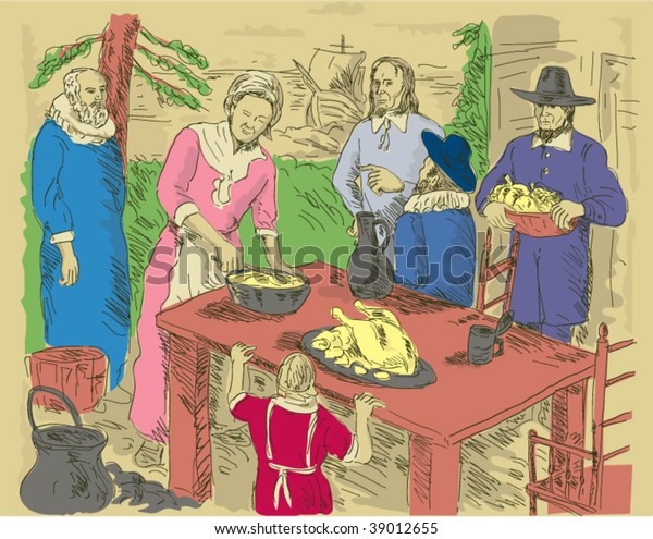 Hand Drawn Illustration Pilgrims Celebrating First Stock Vector ...