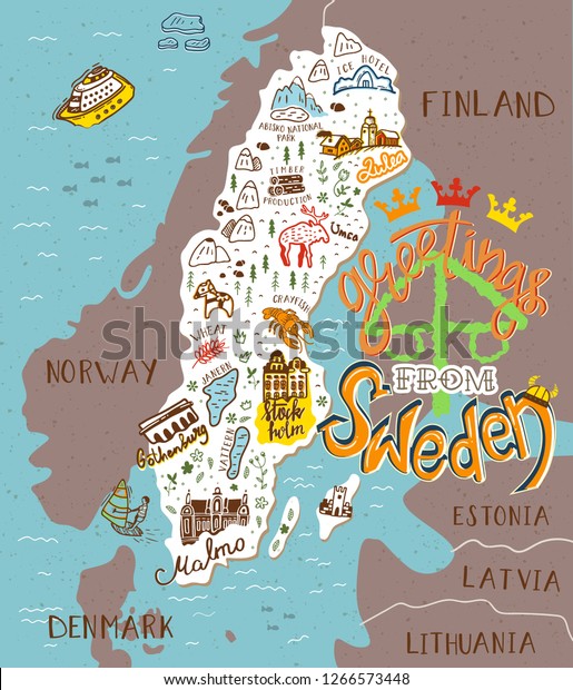 Hand Drawn Illustration Sweden Map Tourist : image vectorielle de stock ...