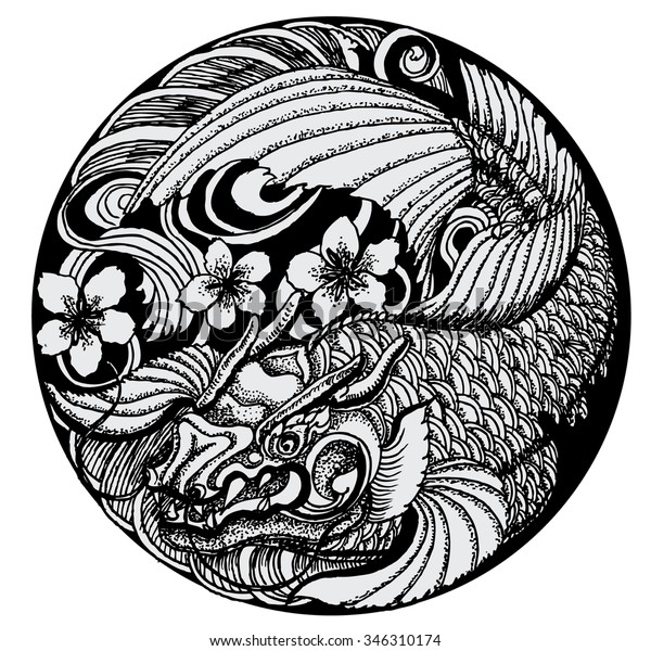Hand Drawn Koi Fish Circle Japanese Stock Vector (Royalty Free) 346310174