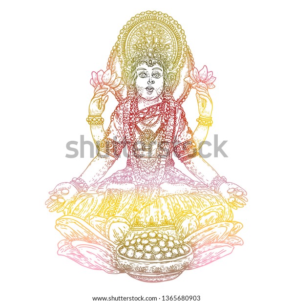 Hand Drawn Lakshmi Goddess Goddess Blessing Stock Vector (Royalty Free ...