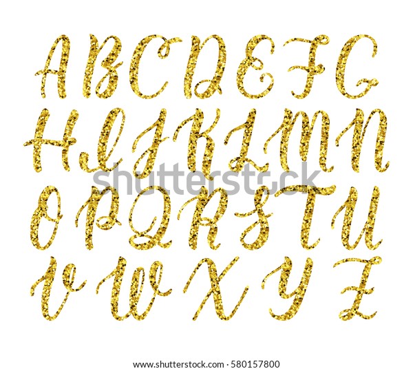 Hand drawn latin calligraphy brush script of capital letters. Gold ...
