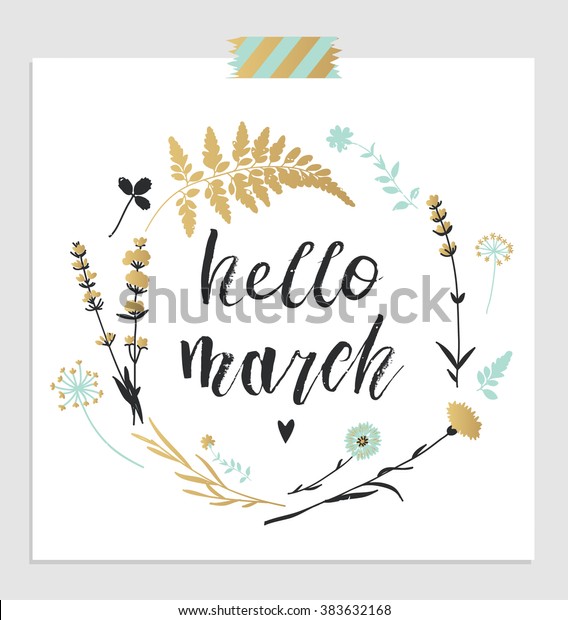 Hand Drawn Lettering Hello March Card Stock Vector (Royalty Free) 383632168