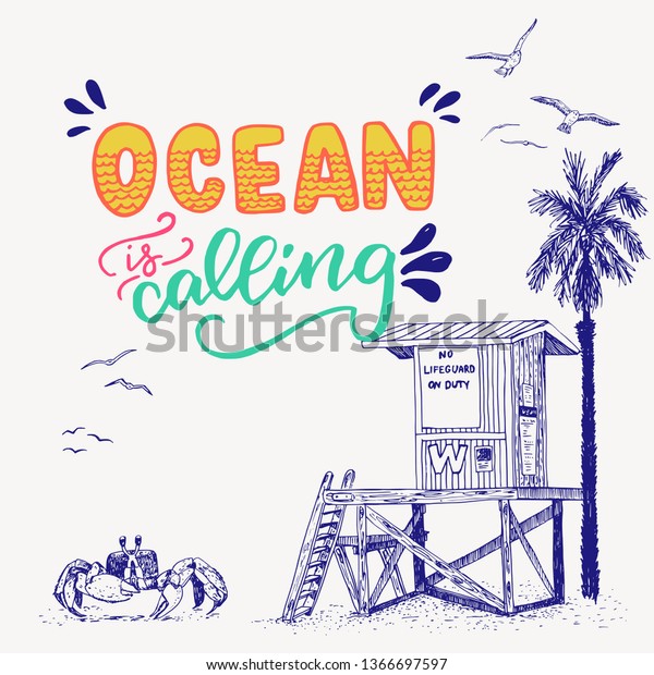 Hand Drawn Lettering Text Ocean Calling Stock Vector (Royalty Free ...