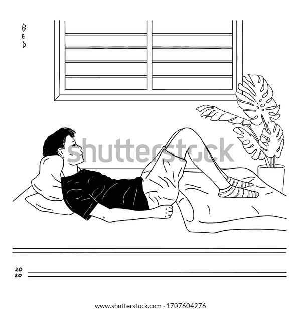Hand Drawn Man Lying On Bed Stock Vector (Royalty Free) 1707604276 ...