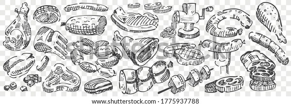 Hand Drawn Meat Doodle Set Collection Stock Vector (Royalty Free ...