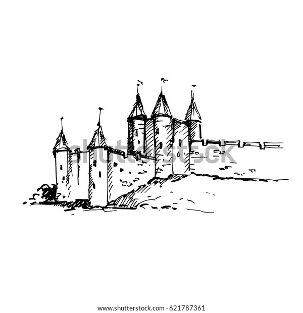 Hand Drawn Medieval Castle Sketch Vector 스톡 벡터(로열티 프리) 621787361 ...
