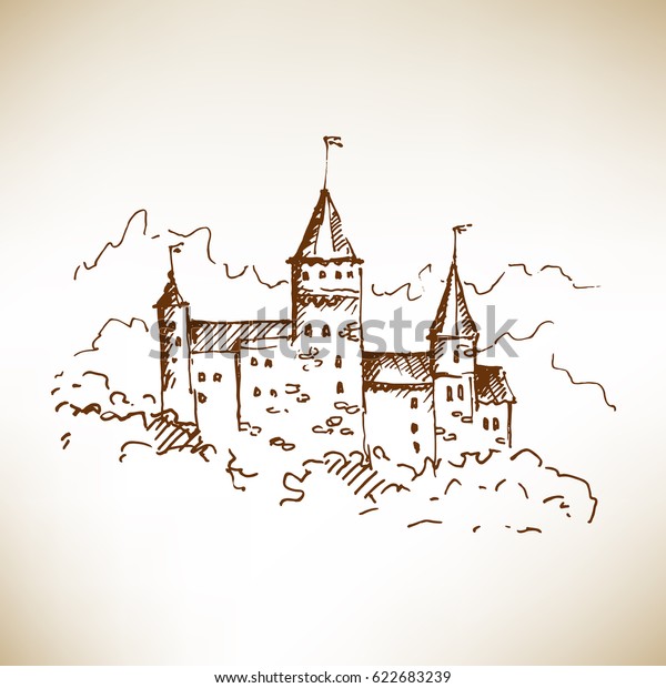Hand drawn medieval castle sketch. Vector illustration.