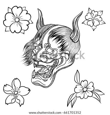 Hand Drawn Oni Mask Sakura Flower Stock Vector (Royalty Free) 661701352 ...