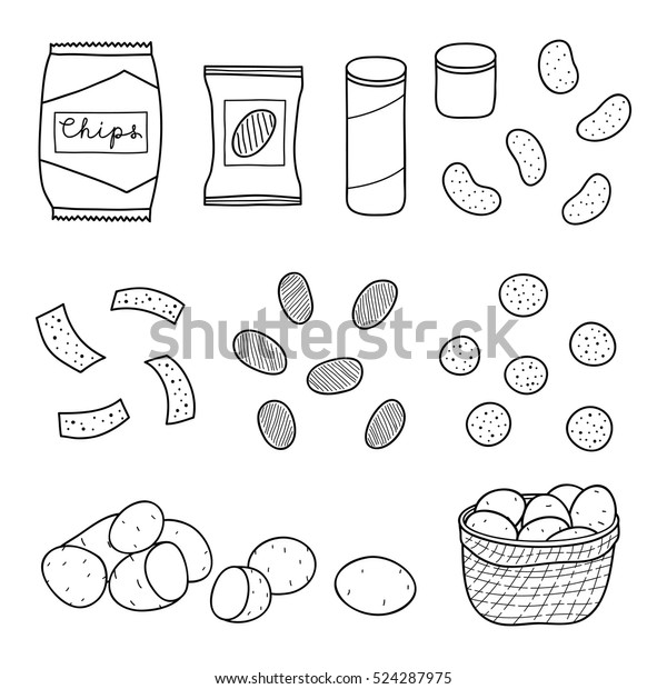 Hand Drawn Outline Chips Varieties Snacks: vetor stock (livre de ...