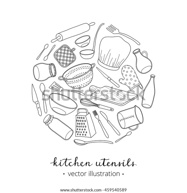 Hand Drawn Outline Kitchen Utensils Composed Stock Vector (Royalty Free ...