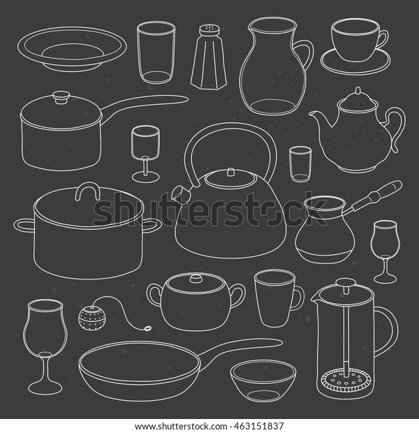 Hand Drawn Outline Kitchen Utensils Dishes Stock Vector (Royalty Free ...
