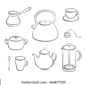 Hand Drawn Outline Tea Items Dishes Stock Vector (Royalty Free ...