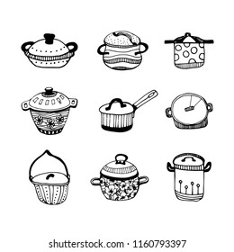 Hand Drawn Pans Vector Set Kitchenware Stock Vector (Royalty Free ...