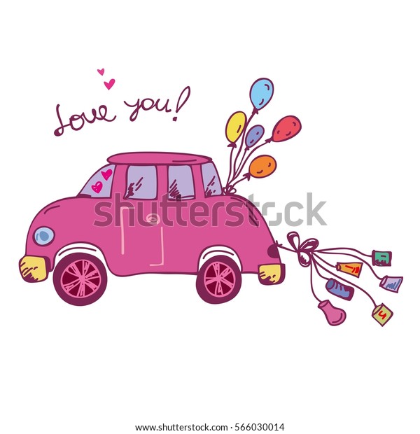 Hand Drawn Pink Wedding Car Vector Stock Vector (Royalty Free ...