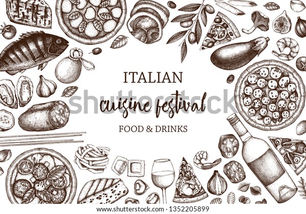 Hand Drawn Pizza Pasta Top View Stock Vector (Royalty Free) 1352205899