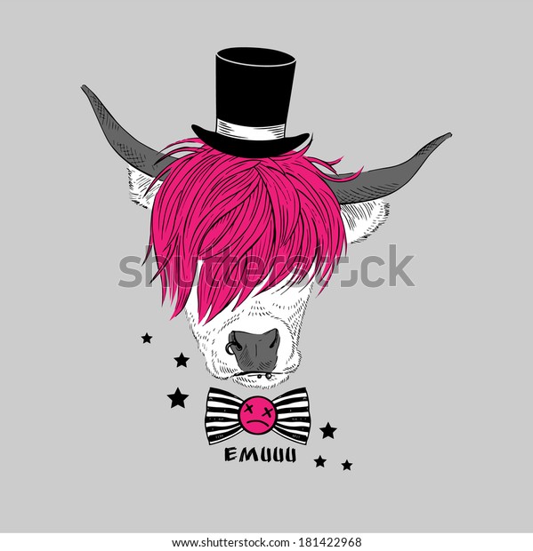 Hand Drawn Portrait Emo Cow Stock Vector (Royalty Free) 181422968