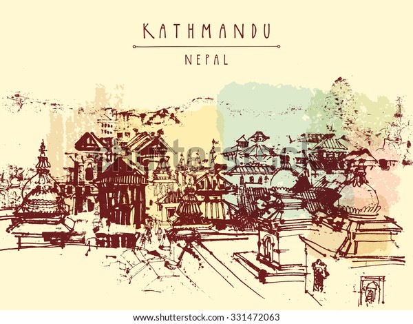 Hand Drawn Postcard Pashupatinath Kathmandu Nepal Stock Vector (Royalty ...